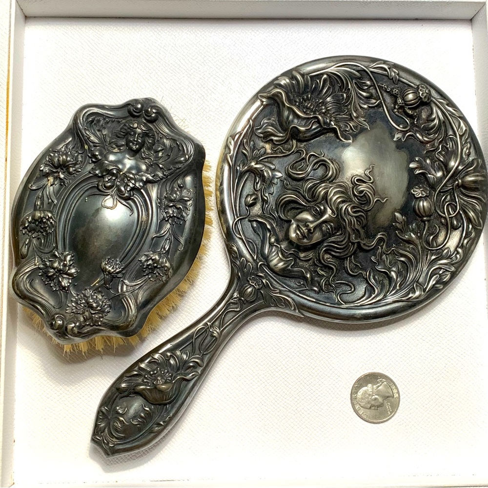 Antique Art Nouveau Lady Repousse Silver Hand Mirror … - Gem